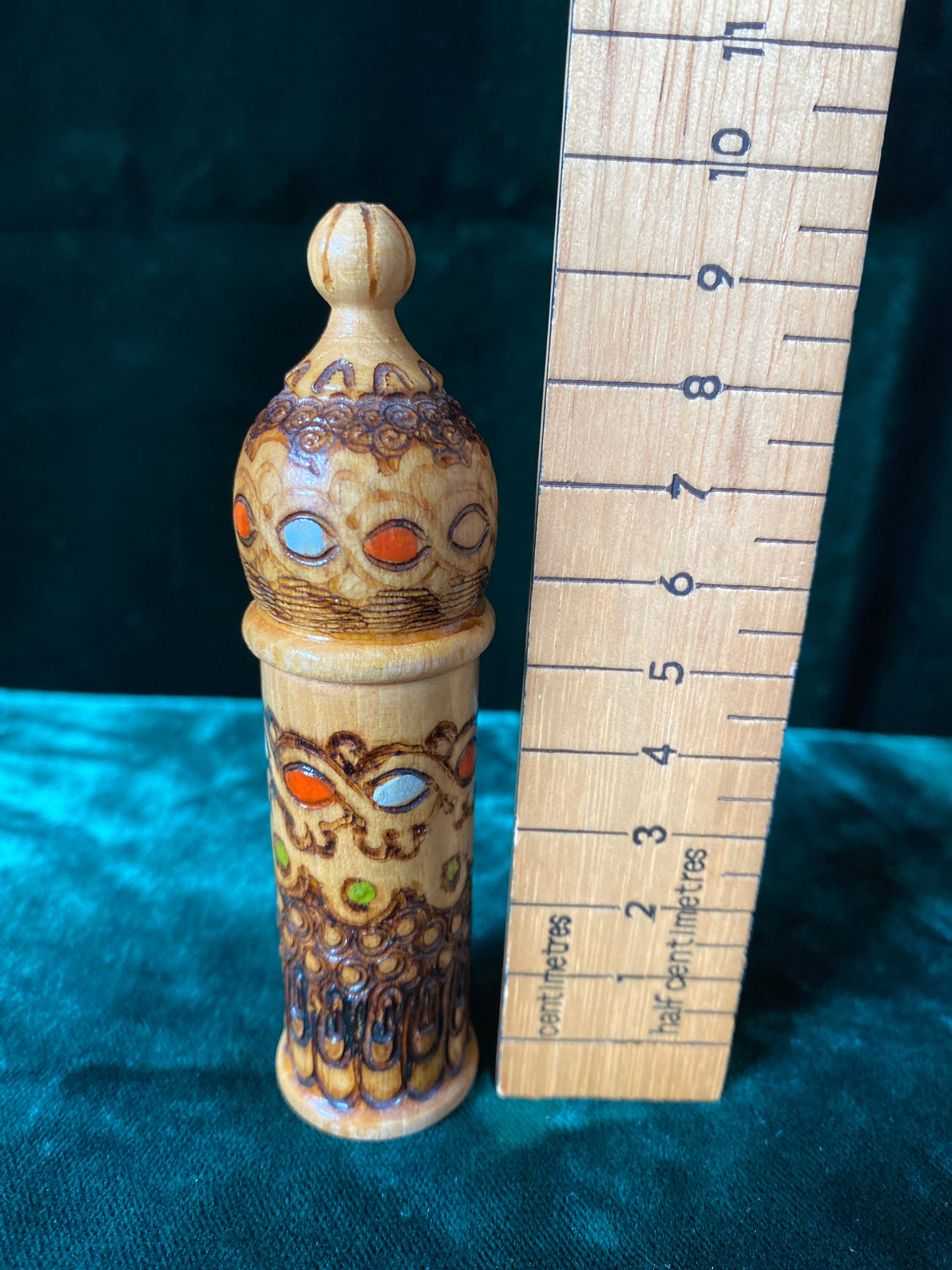 Vintage Hand Painted Treen Needle/bobbin Case & Fabric Tape Measure ...