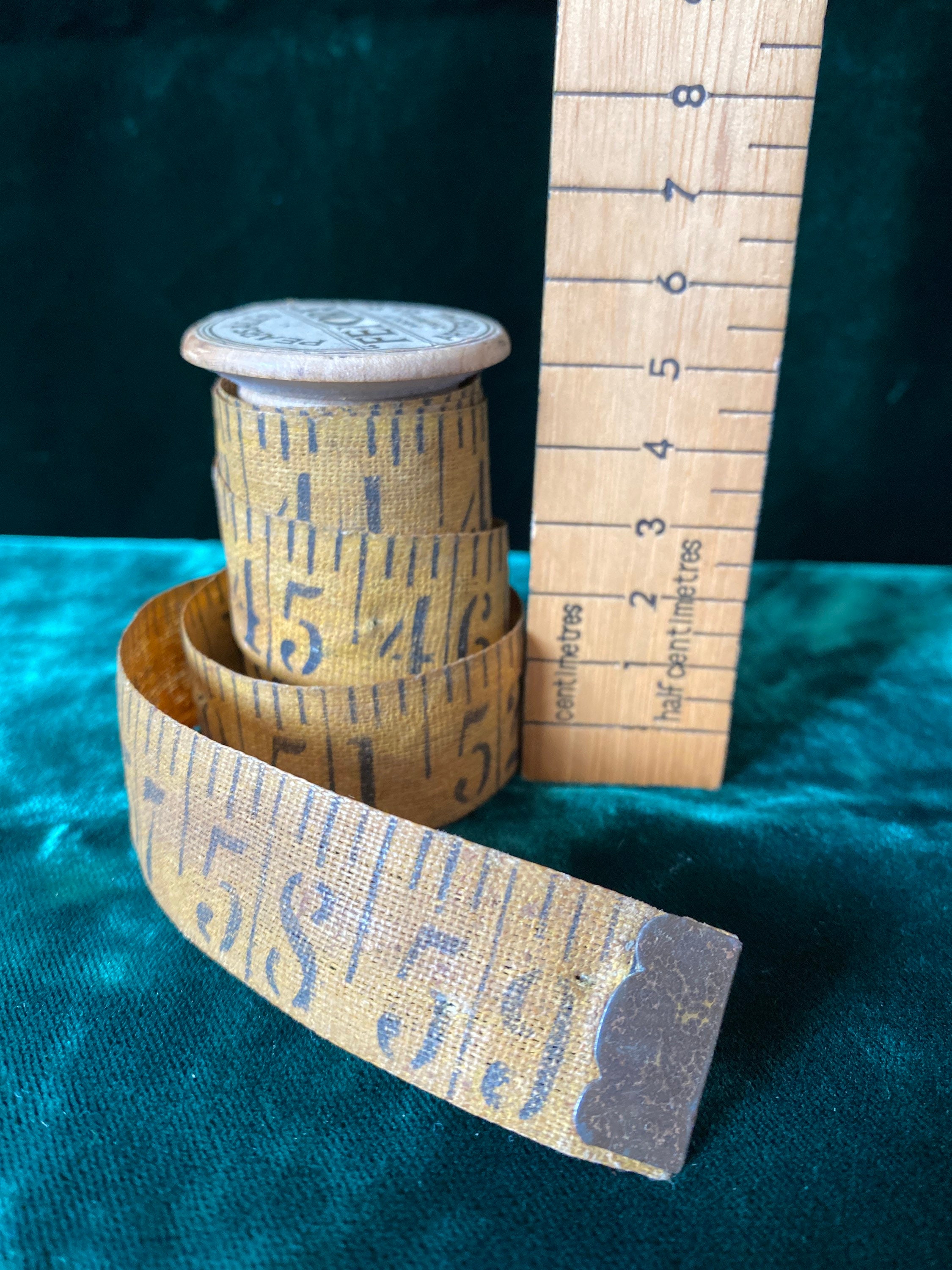 Vintage Hand Painted Treen Needle/bobbin Case & Fabric Tape Measure ...
