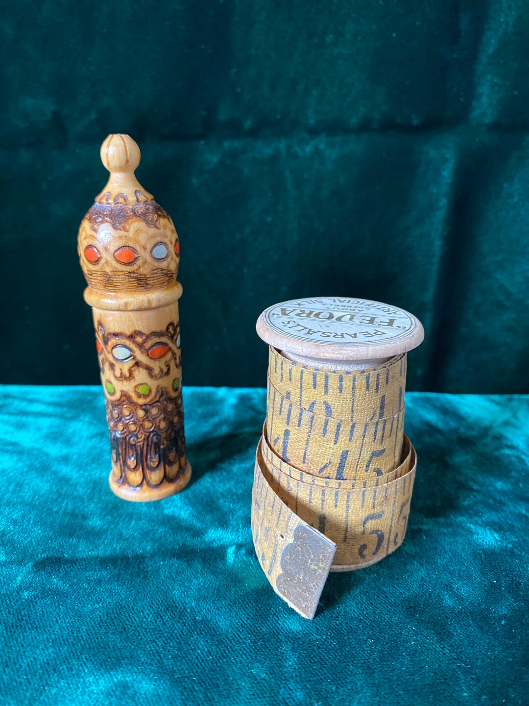 Vintage Hand Painted Treen Needle/bobbin Case & Fabric Tape Measure ...