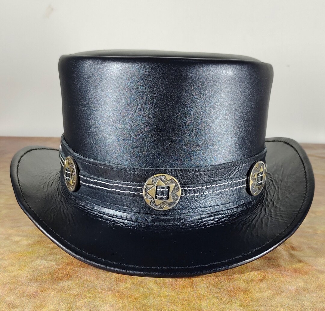 Classic Leather Top Hat | Band With Rustic Star Conchos | Black Color ...