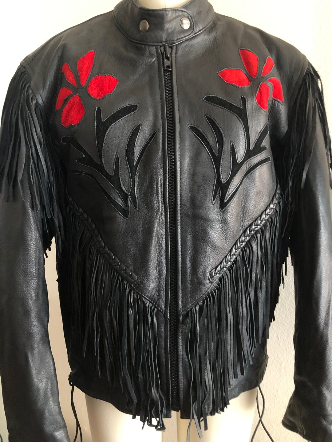 Beautiful Vintage 90s Unik Brand Leather With Fringe and Red Flowers ...