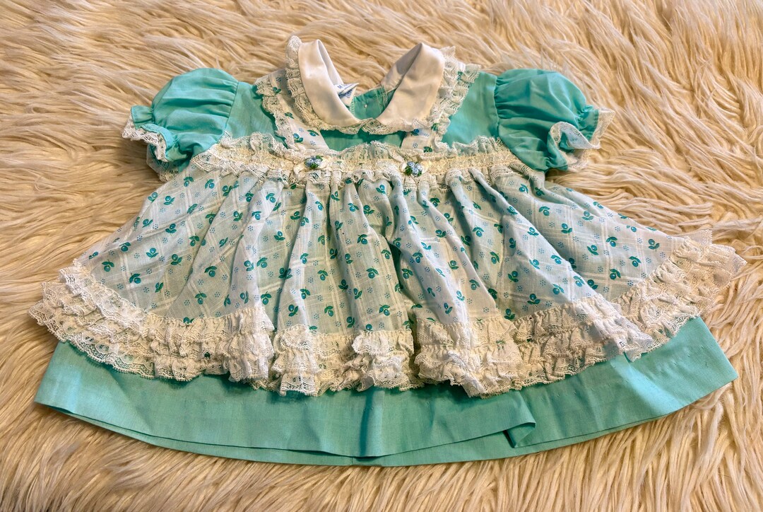 Vintage Mini World Baby Dress 6/9 Months Blue Floral Pinafore Ruffles ...