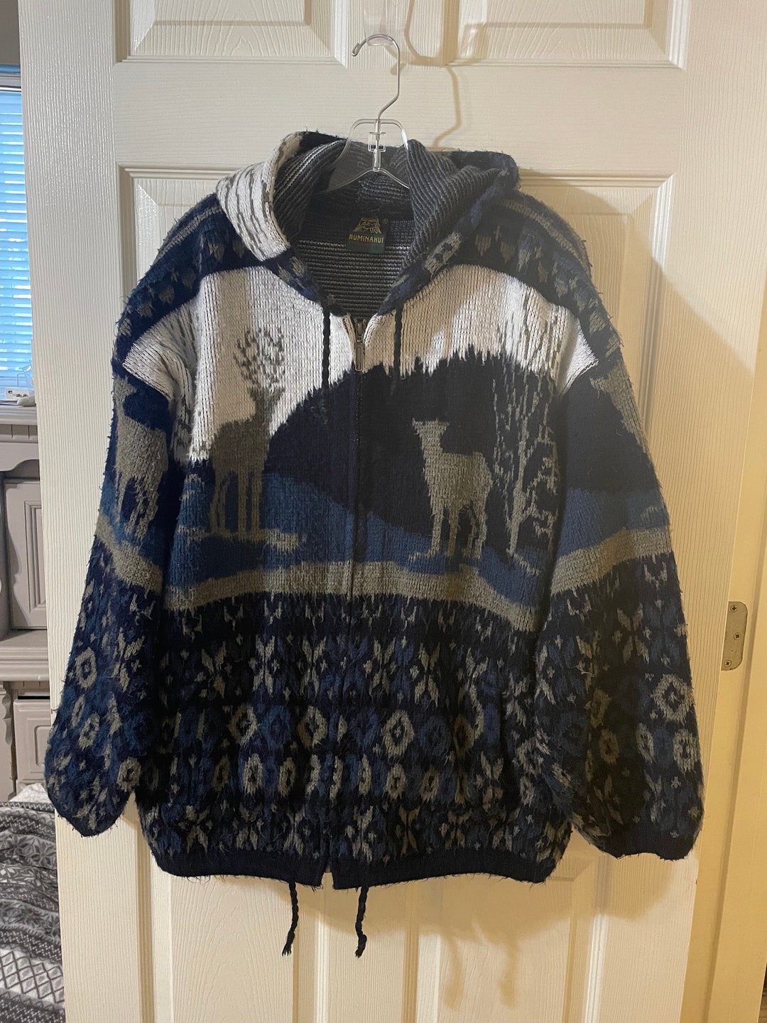 Vintage Wool Ruminahui Jacket Coat Boho Deer Antler Size Large Hooded ...
