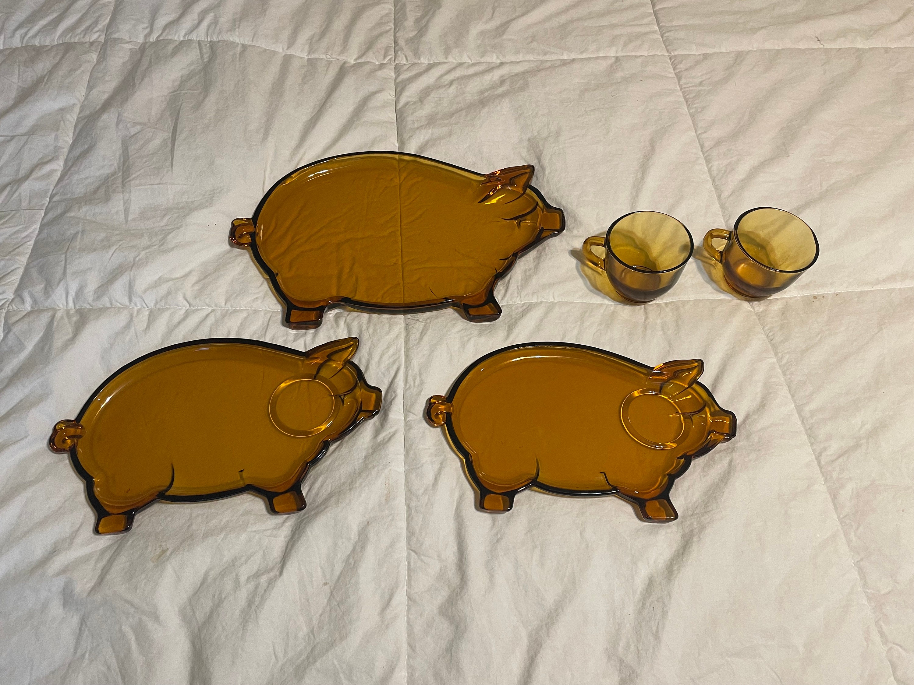 Vintage Tiara Indiana Glass Amber Glass Pig Snack Plates Cups - Etsy