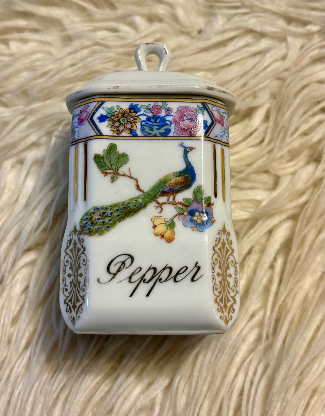 Vintage Porcelain China Victoria Czechoslovakia Pepper Canister Peacock ...
