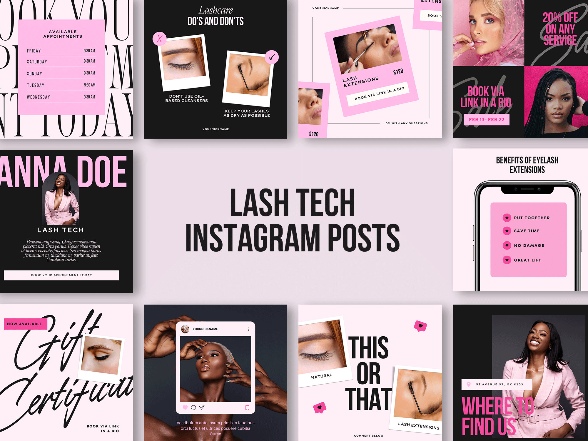Pink Lash Tech Instagram Post Templates, Lash Artist Canva Template ...