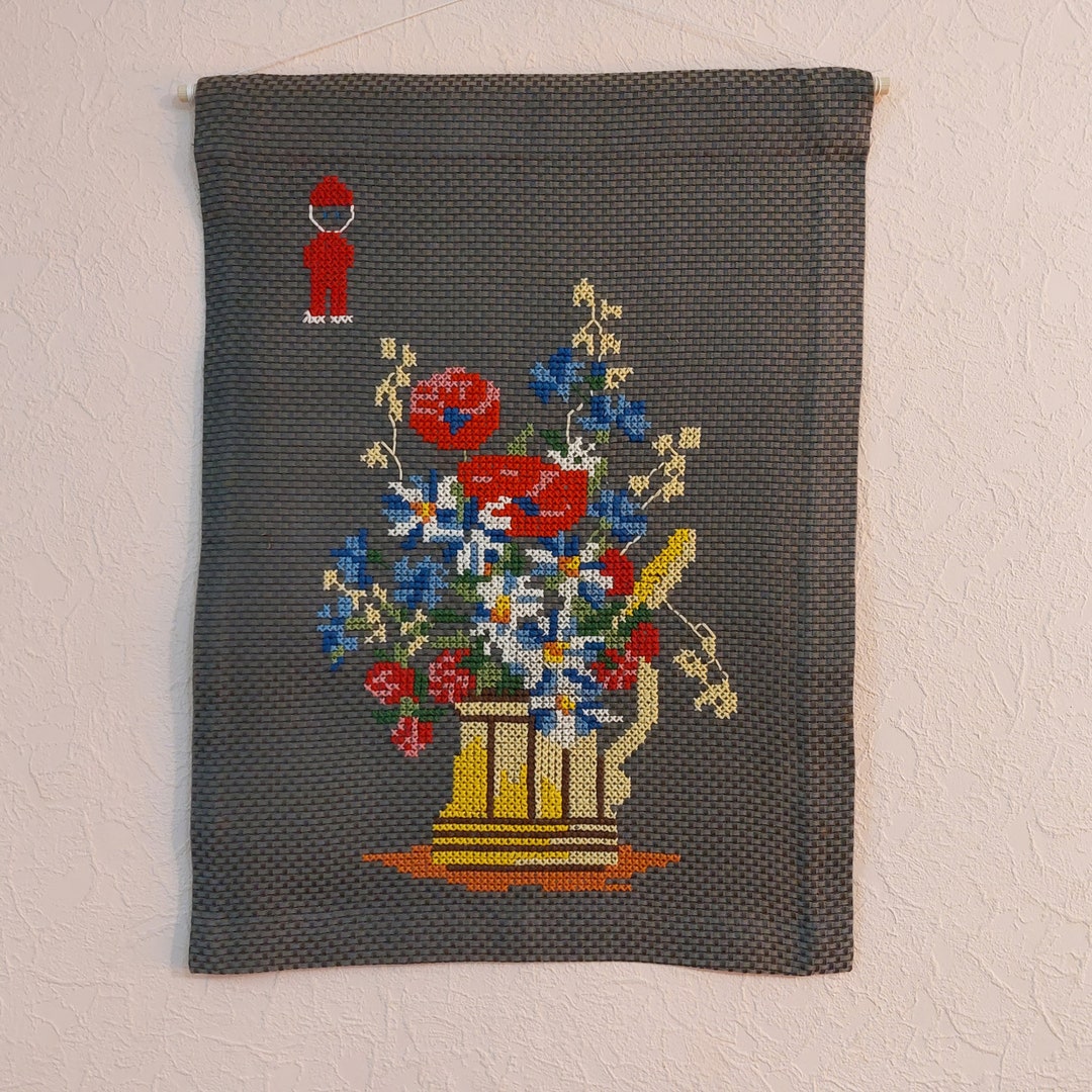 Vintage Floral Hand Embroidered Tapestry Knit, Floral Embroidered Wall ...