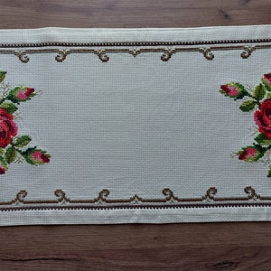 Vintage Roses Cross Stitch Hand Embroidered Thick Cotton Linen Table ...