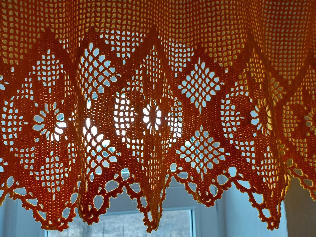 Vintage Handmade Crochet Valance Curtain , Crocheted Cafe Curtain ...
