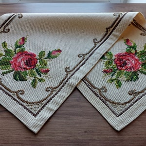 Vintage Roses Cross Stitch Hand Embroidered Thick Cotton Linen Table ...