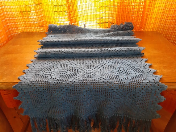 Vintage Blue Crochet Cotton Fabric Table Runner With Fringe - Etsy