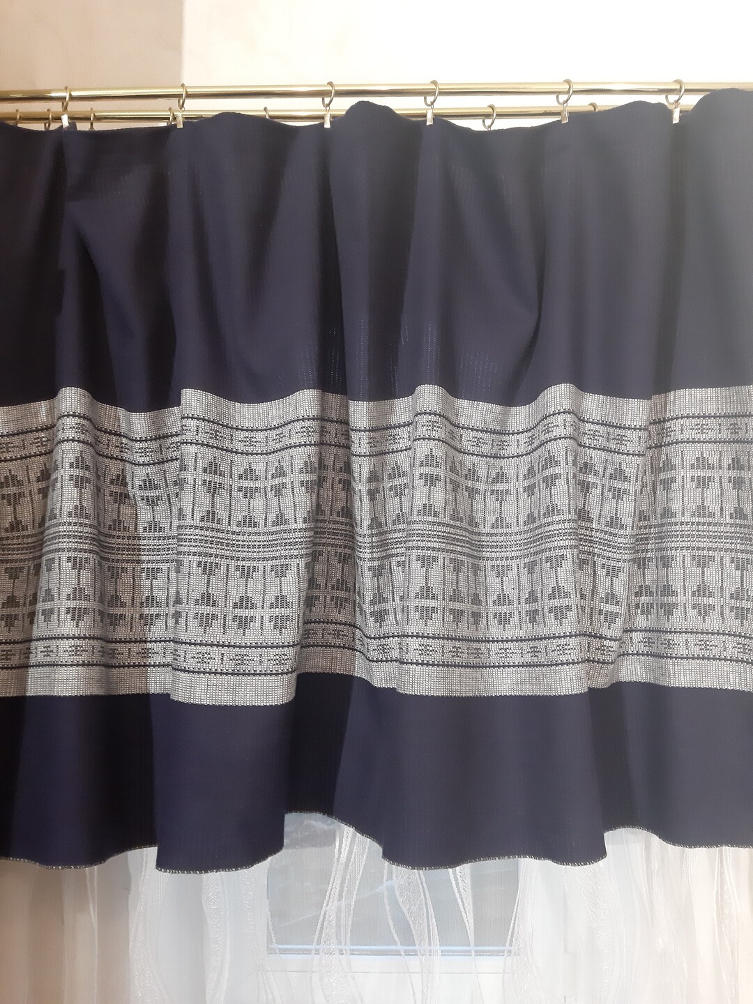 Vintage Valance Curtain , Woven Blue White Folk Decorative Valance ...