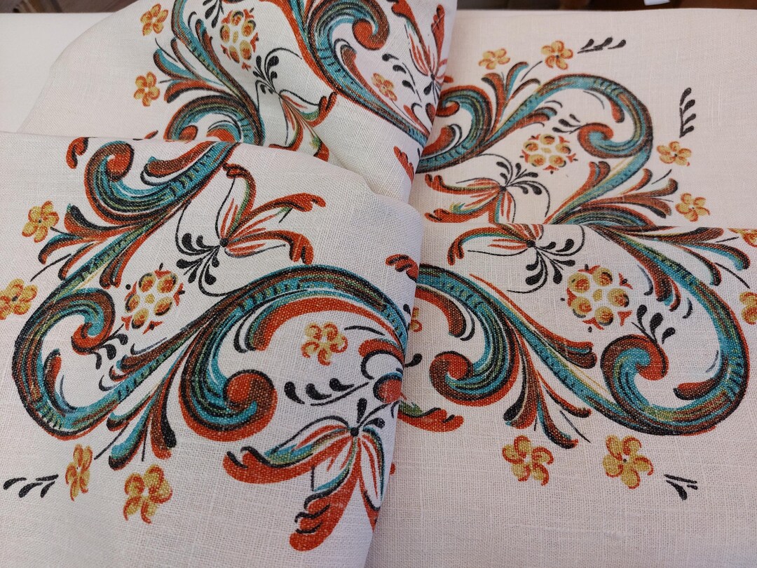 Unused 60s 70s Dalarna Kurbits Flower Motive Linen Tablecloth ...