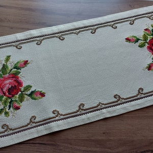 Vintage Roses Cross Stitch Hand Embroidered Thick Cotton Linen Table ...