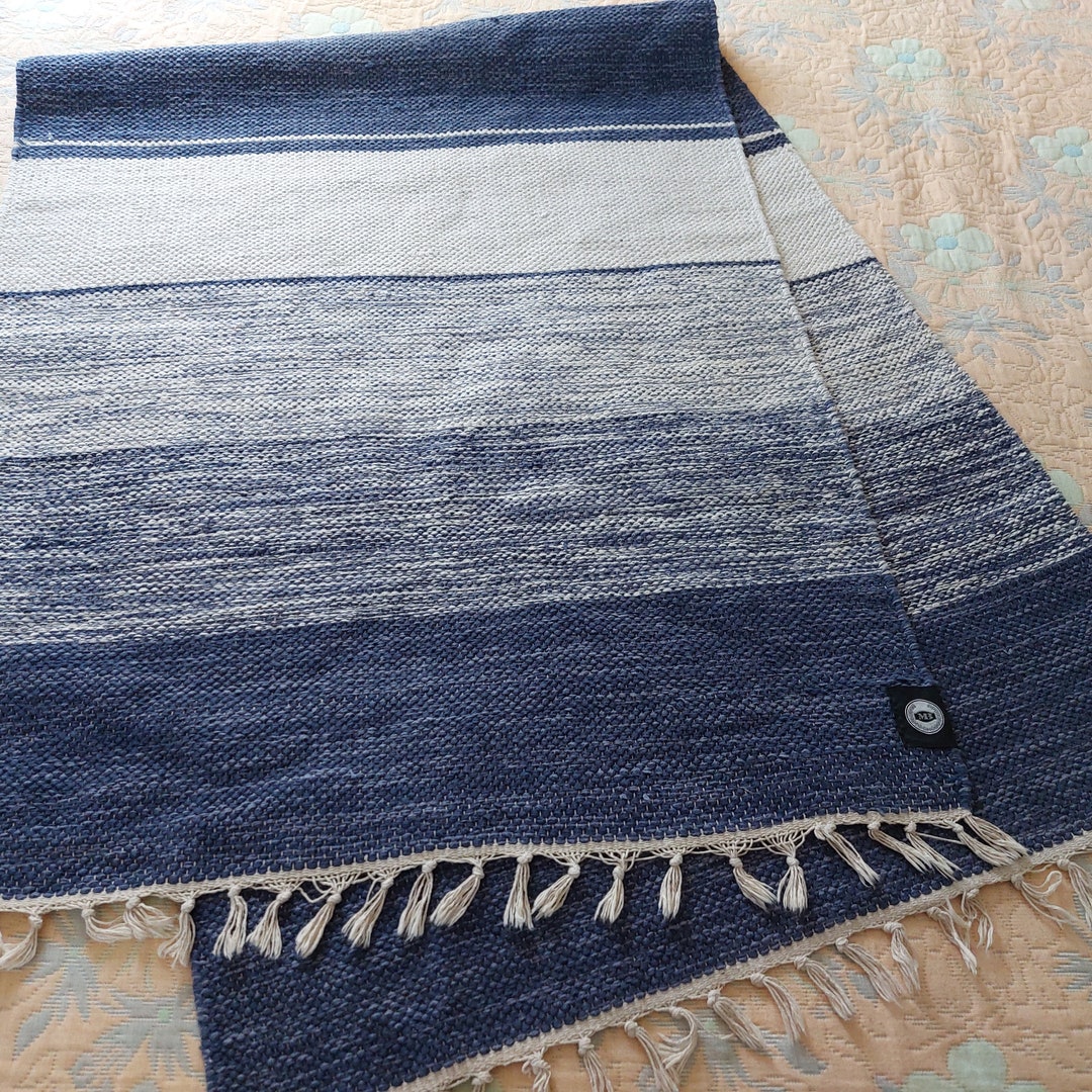 Blue White Striped Thick Cotton Linen Woven Vintage Rug Runner, Blue ...
