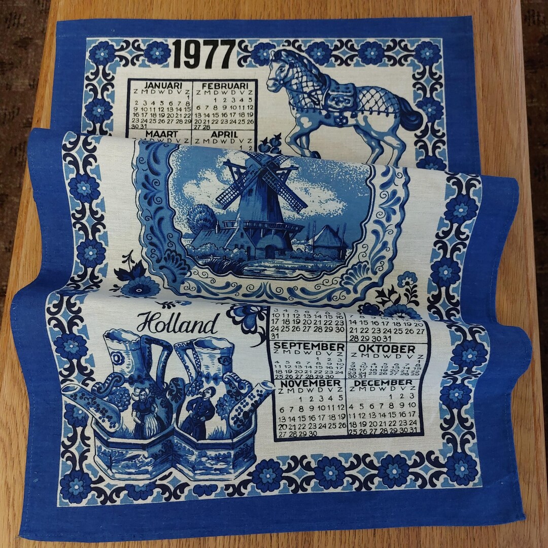 1977 Year Holland Tea Towel Calendar , Vintage Collectible Blue ...
