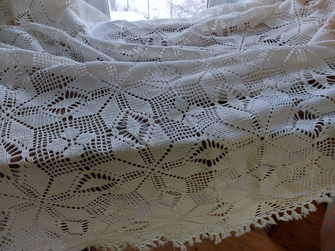 Vintage Large Handmade Crochet Rectangle Tablecloth, Scandinavian ...