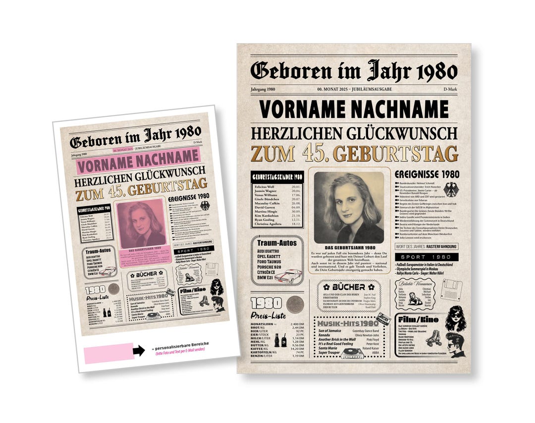 Birthday Newspaper 45th Birthday Newspaper 1980 Gift Birthday Present ...