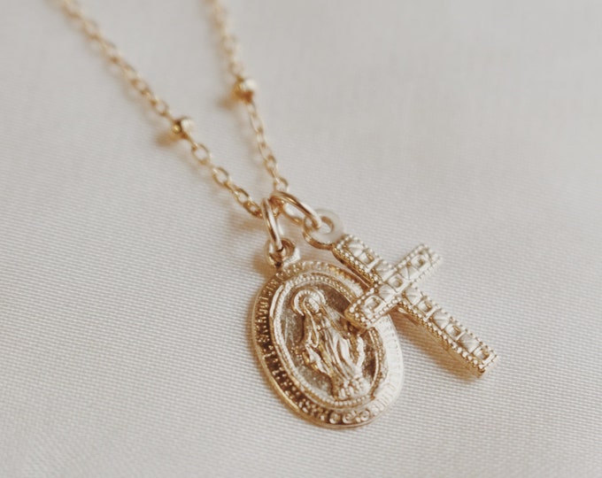 14K Gold Filled Miraculous Medal With Cross Necklace - Etsy