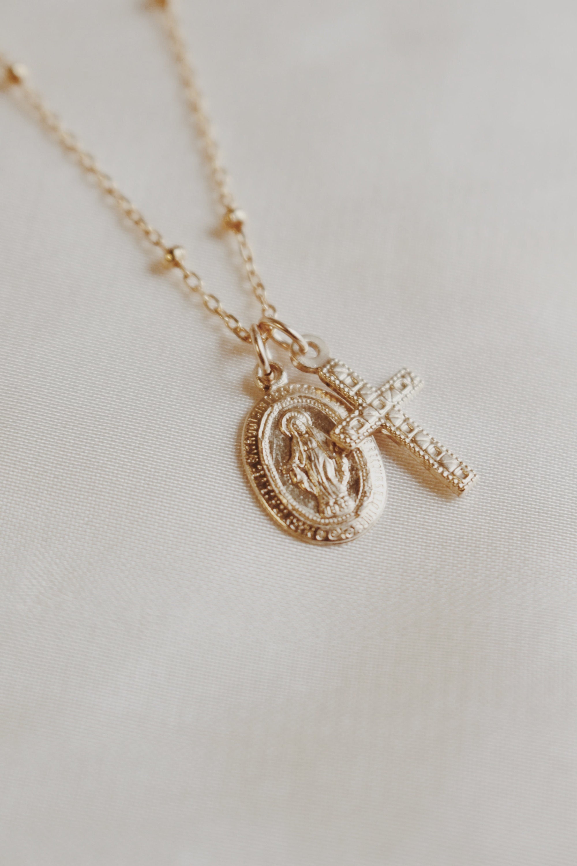 14K Gold Filled Miraculous Medal With Cross Necklace Catholic Jewelry ...