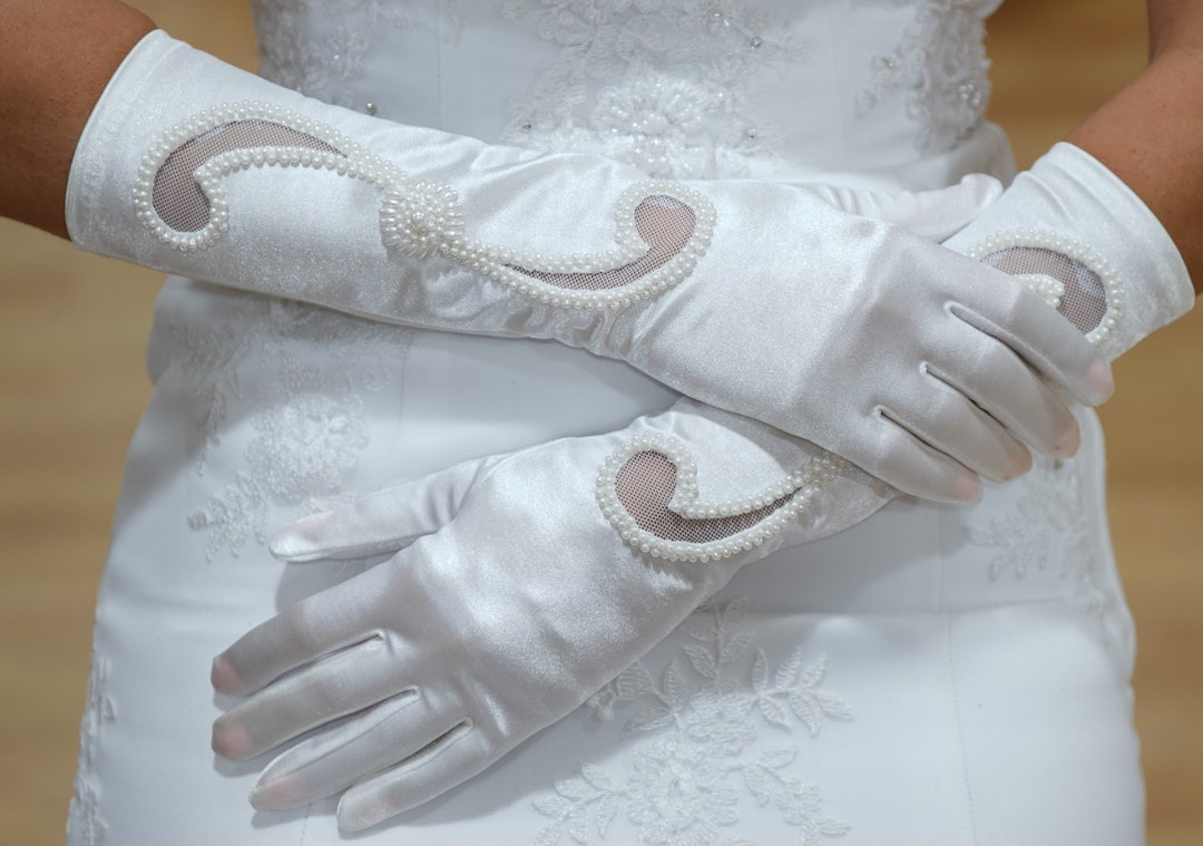 Satin Bridal Gloves, Beaded Wedding Accessory, 40cm - Etsy