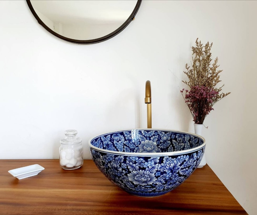 Hand-painted Thai Ceramic Sink: Blue Floral Countertop Basin - Etsy