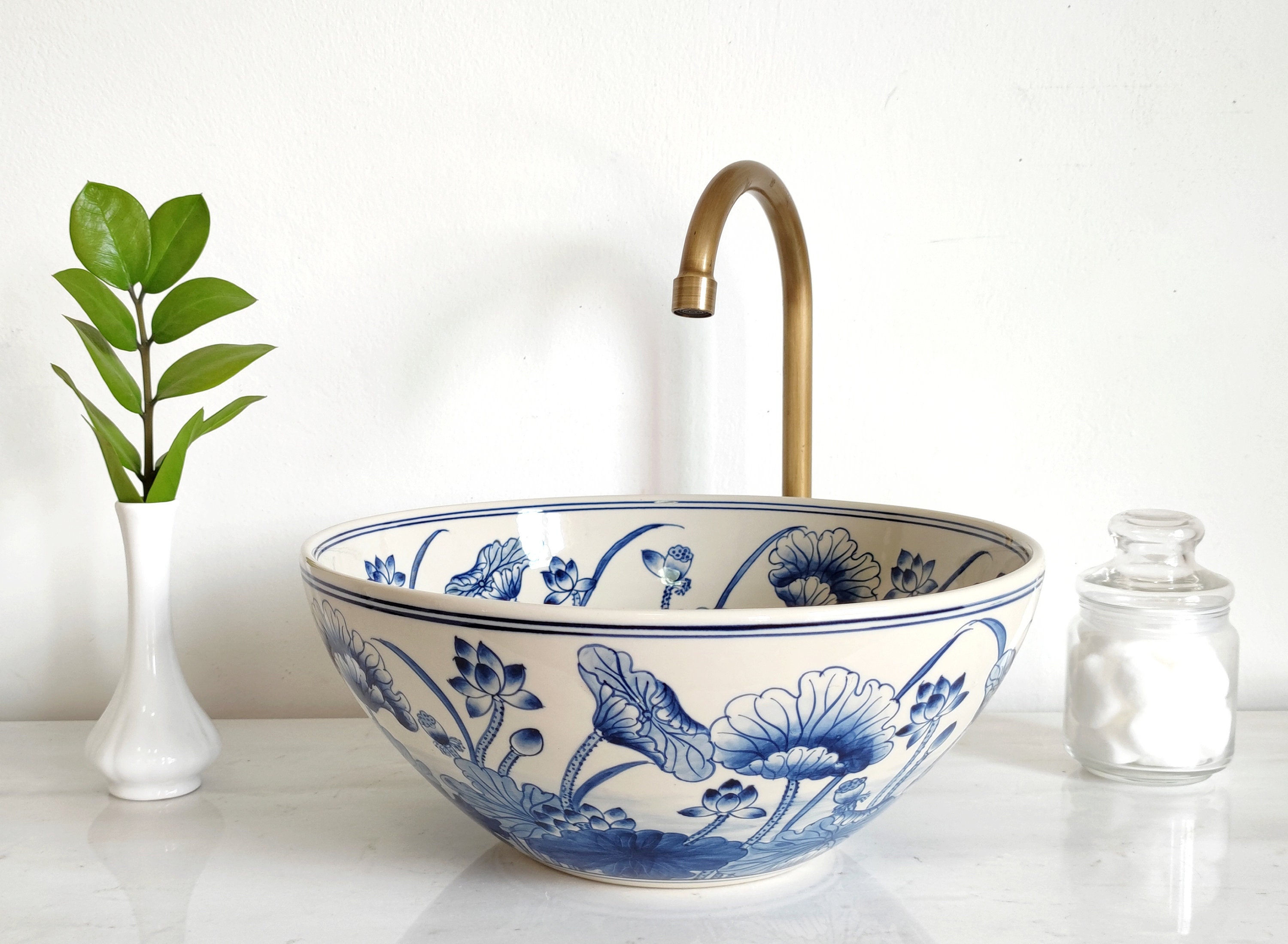Handmade Ceramic Bathroom Sink: White & Blue Floral Basin - Etsy