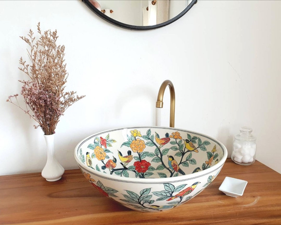 Handmade Ceramic Bathroom Sink: Thai Floral Painted Basin - Etsy