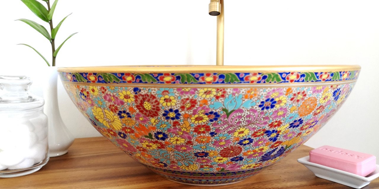 Ceramic Sink / Bathroom Sink / Countertop Basin / Hand Painted / Hand ...