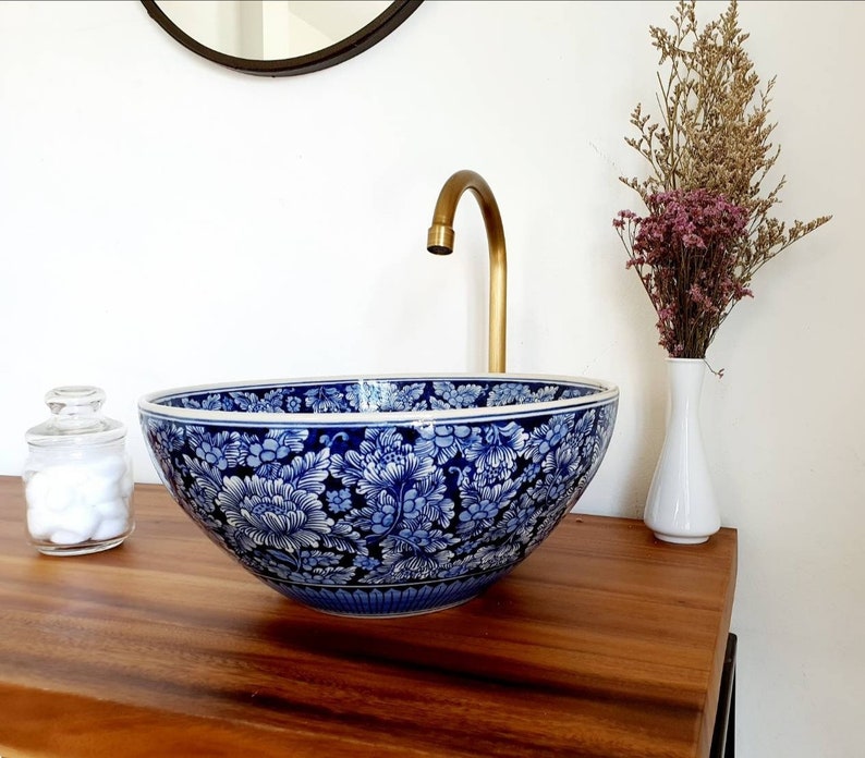 Hand-painted Thai Ceramic Sink: Blue Floral Countertop Basin - Etsy