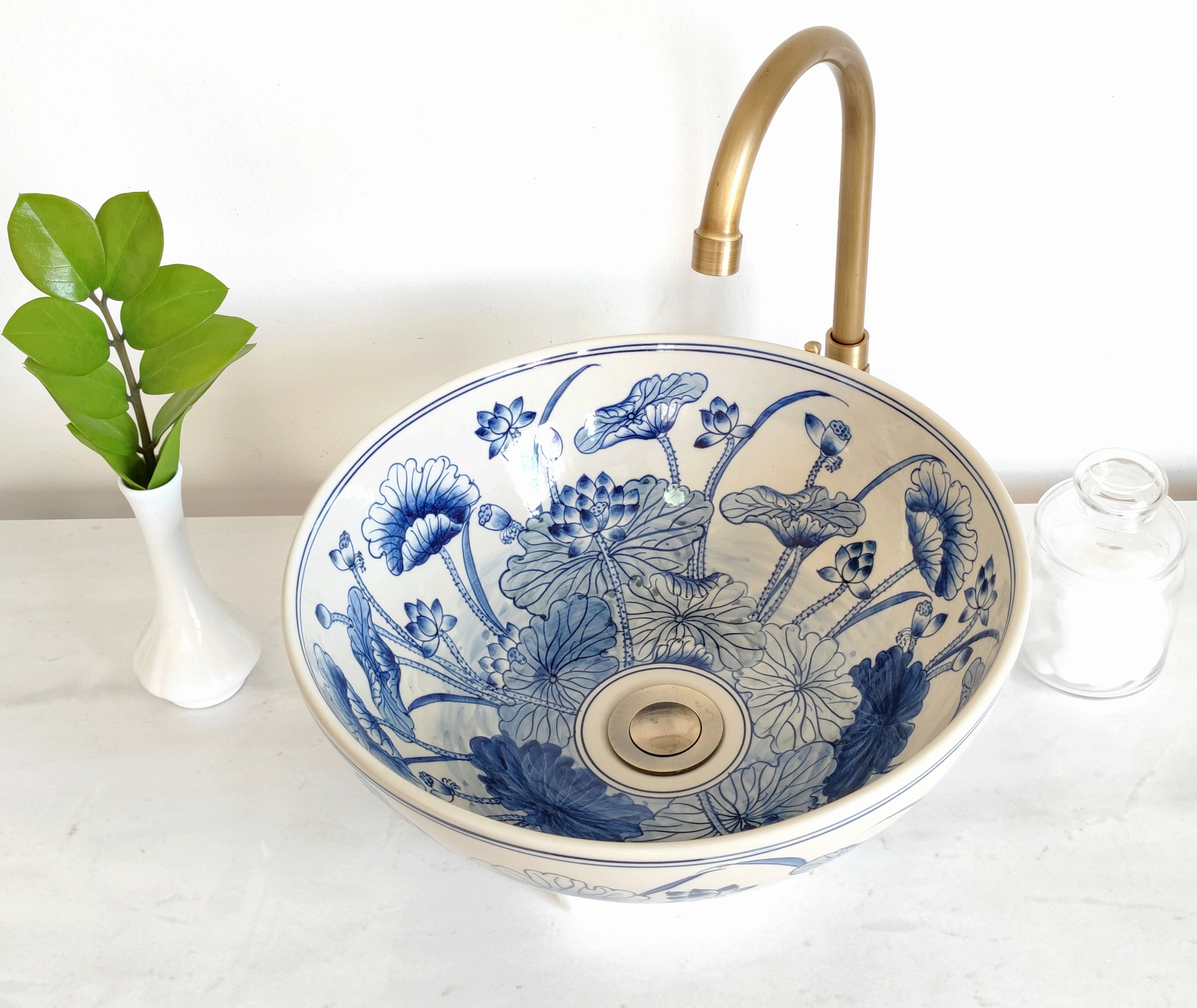 Ceramic Sink White & Blue / Bathroom Sink / Countertop Basin / Hand ...