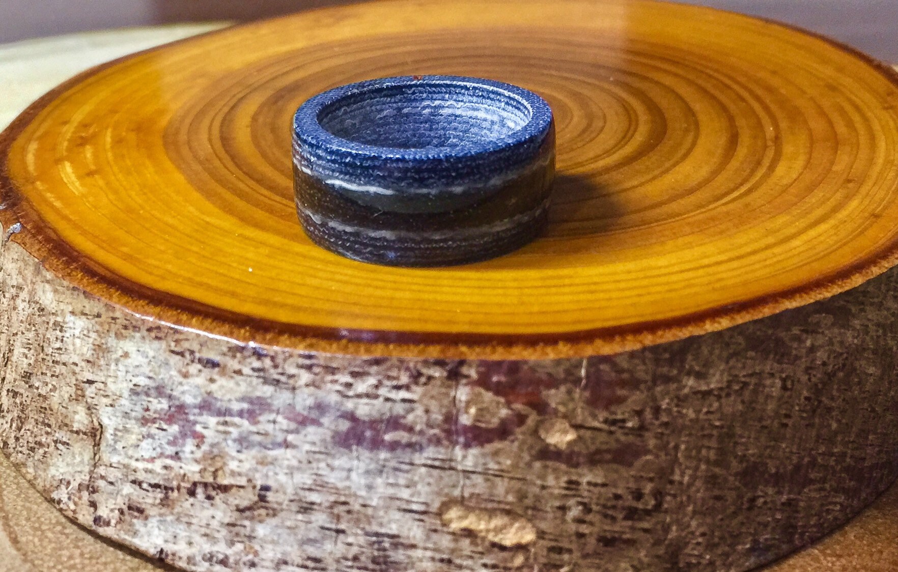 Blue Denim Jeans Micarta Ring With a Black Linen Mesh Centre, Bordered ...