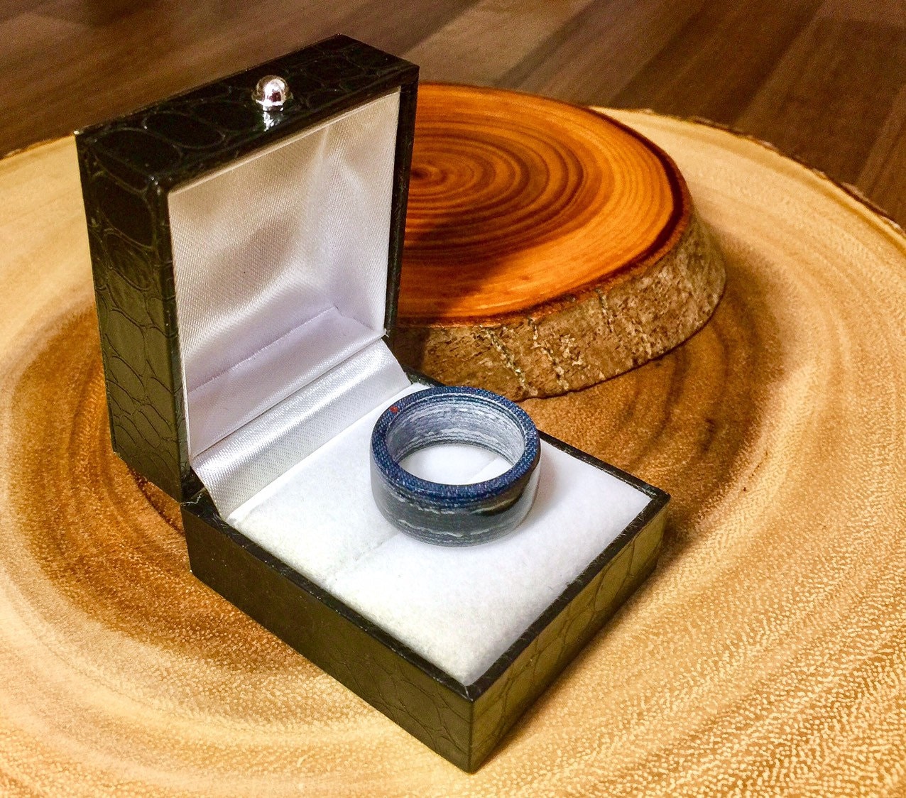 Blue Denim Jeans Micarta Ring With a Black Linen Mesh Centre, Bordered ...