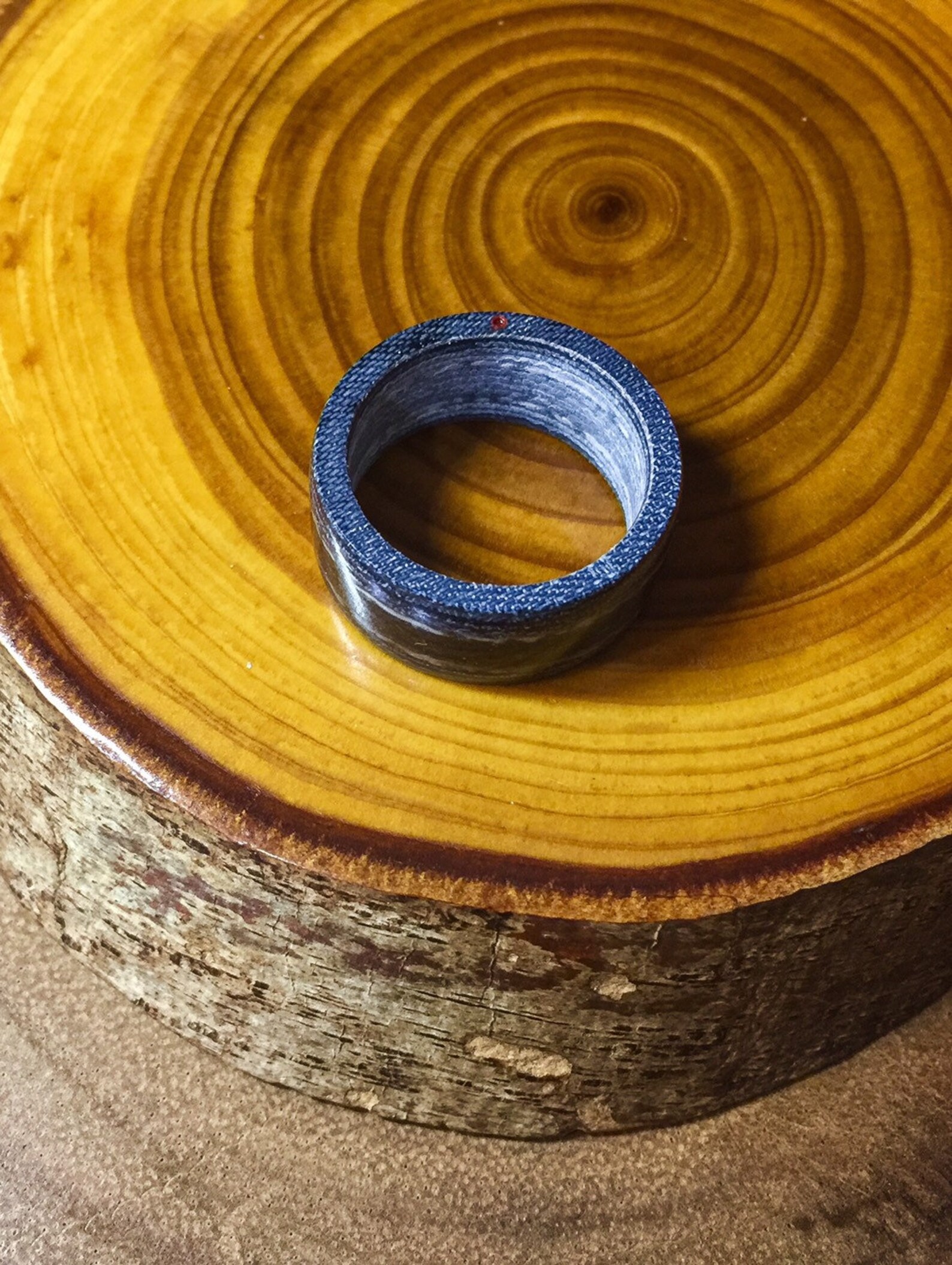Blue Denim Jeans Micarta Ring With a Black Linen Mesh Centre, Bordered ...