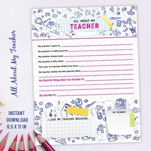 All About My Teacher Questionnaire, Teacher Appreciation Week Printable ...
