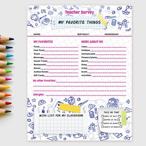 Teacher Favorite Things Printable, Teacher Survey, All About My Teacher ...