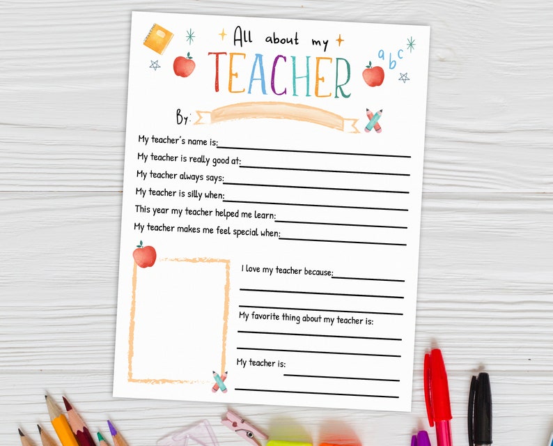 All About My Teacher Printable Questionnaire Teacher - Etsy