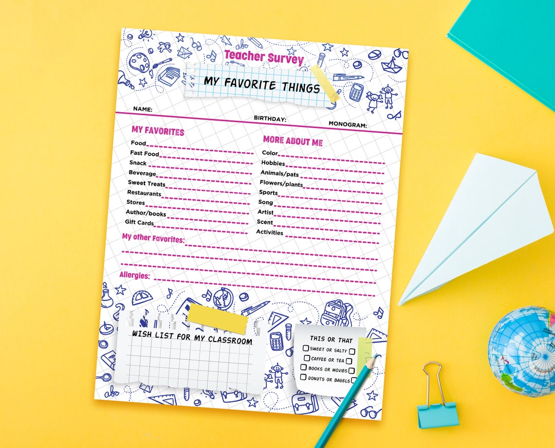 Teacher Favorite Things Printable, Teacher Survey, All About My Teacher ...