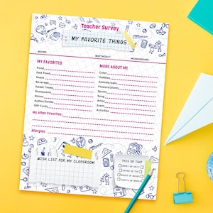 Teacher Favorite Things Printable, Teacher Survey, All About My Teacher ...