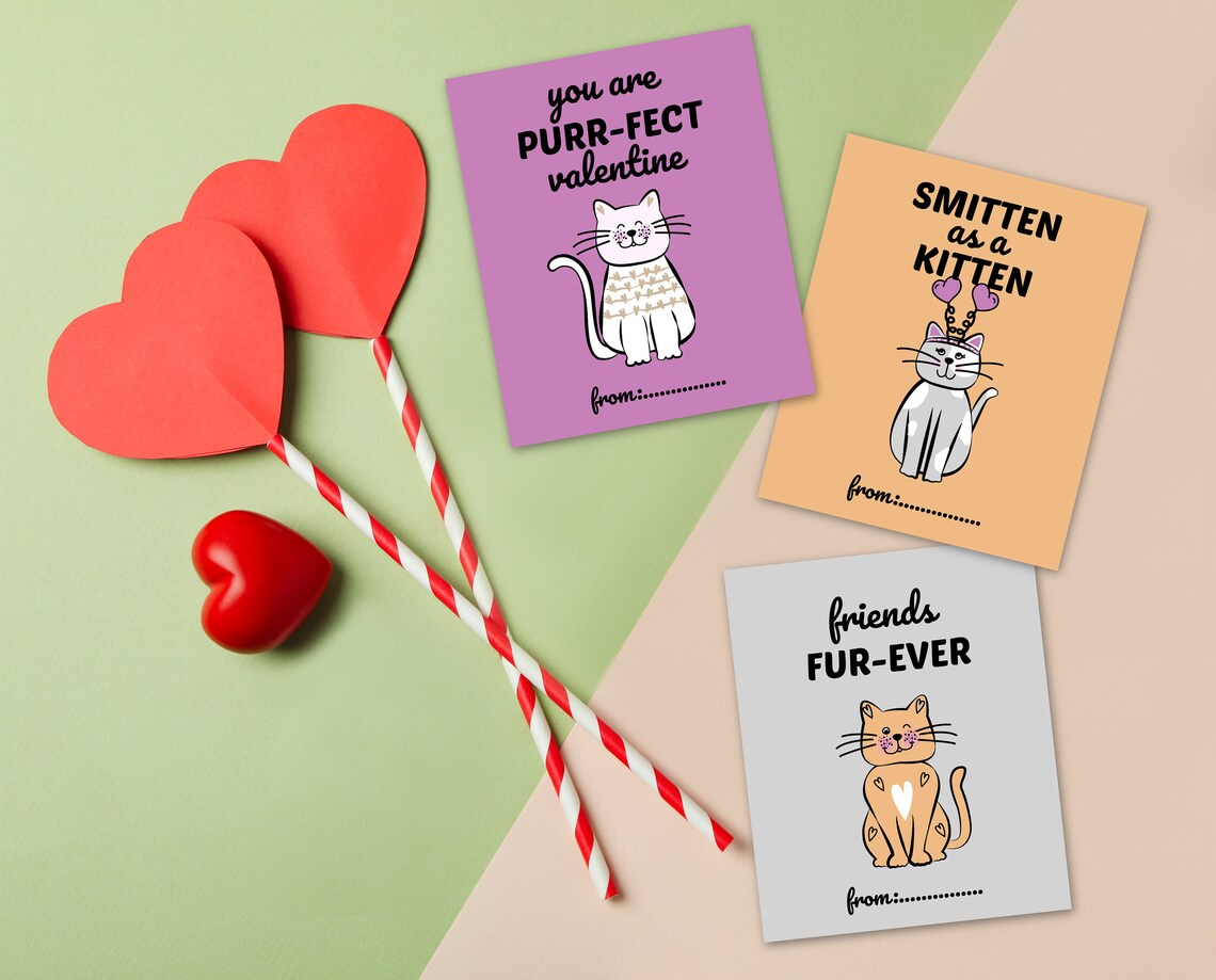 Cat Valentine Card Classroom Kids Valentines Cards Set of 6 - Etsy
