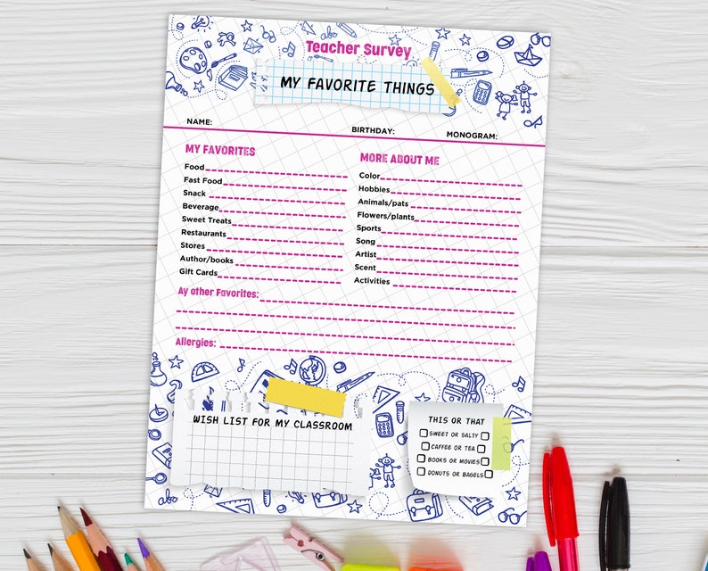 Teacher Favorite Things Printable Teacher Survey All About - Etsy