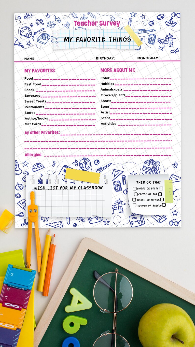 Teacher Favorite Things Printable Teacher Survey All About - Etsy