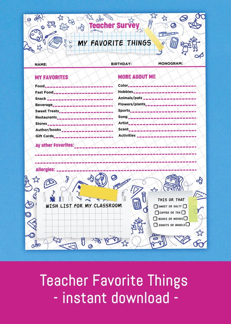 Teacher Favorite Things Printable Teacher Survey All About - Etsy