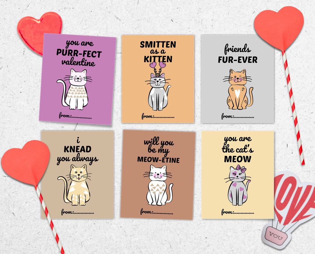 Cat Valentine Card Classroom, Kids Valentines Cards Set of 6, Cat Pun ...