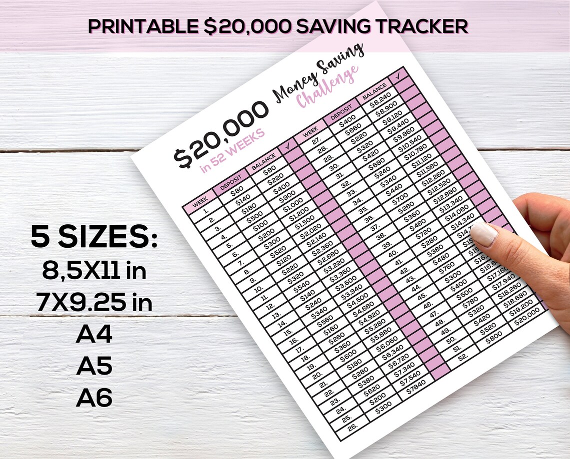 20k Saving Challenge Save 20 000 Dollars in 52 Weeks - Etsy