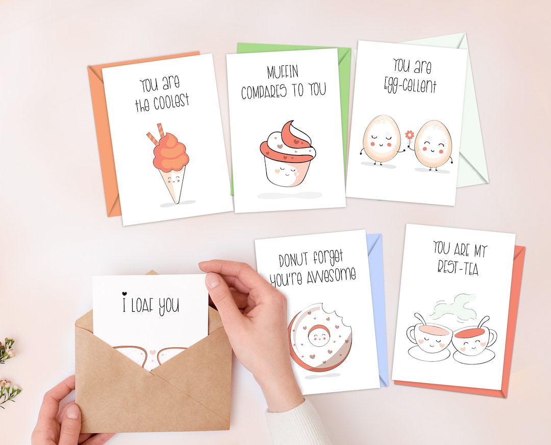 Cute Food Pun Cards Set of 6 , Food Pun Cards Set, Funny Cards ...