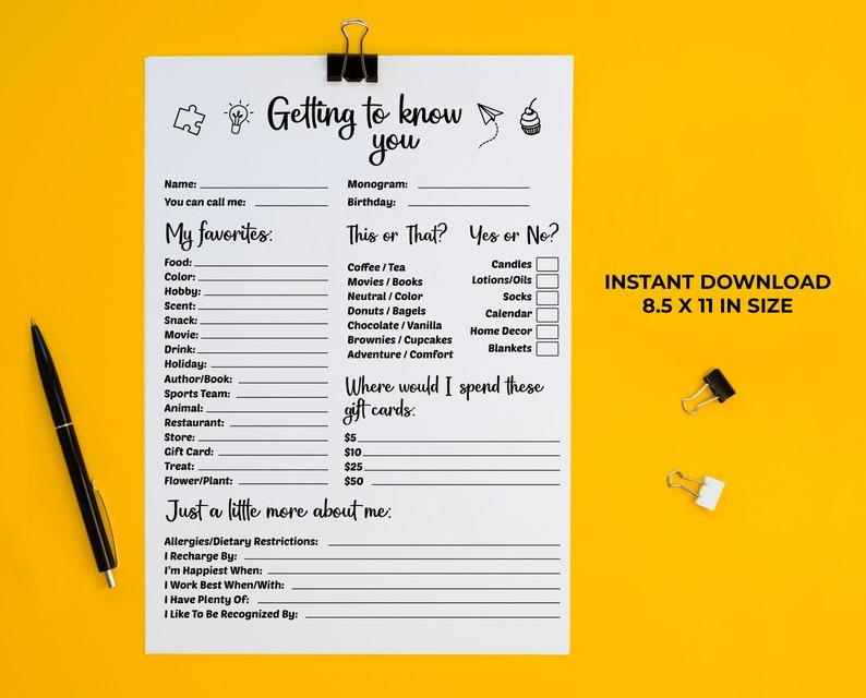 Getting to Know You Printable Survey, Coworker Questionnaire (PDF/JPG ...