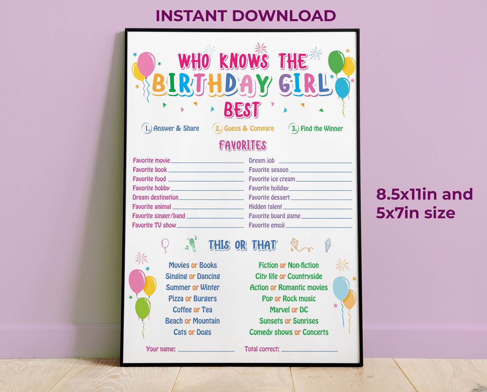 Birthday Girl Trivia Quiz Game, Printable Birthday Activity (PDF, JPG ...