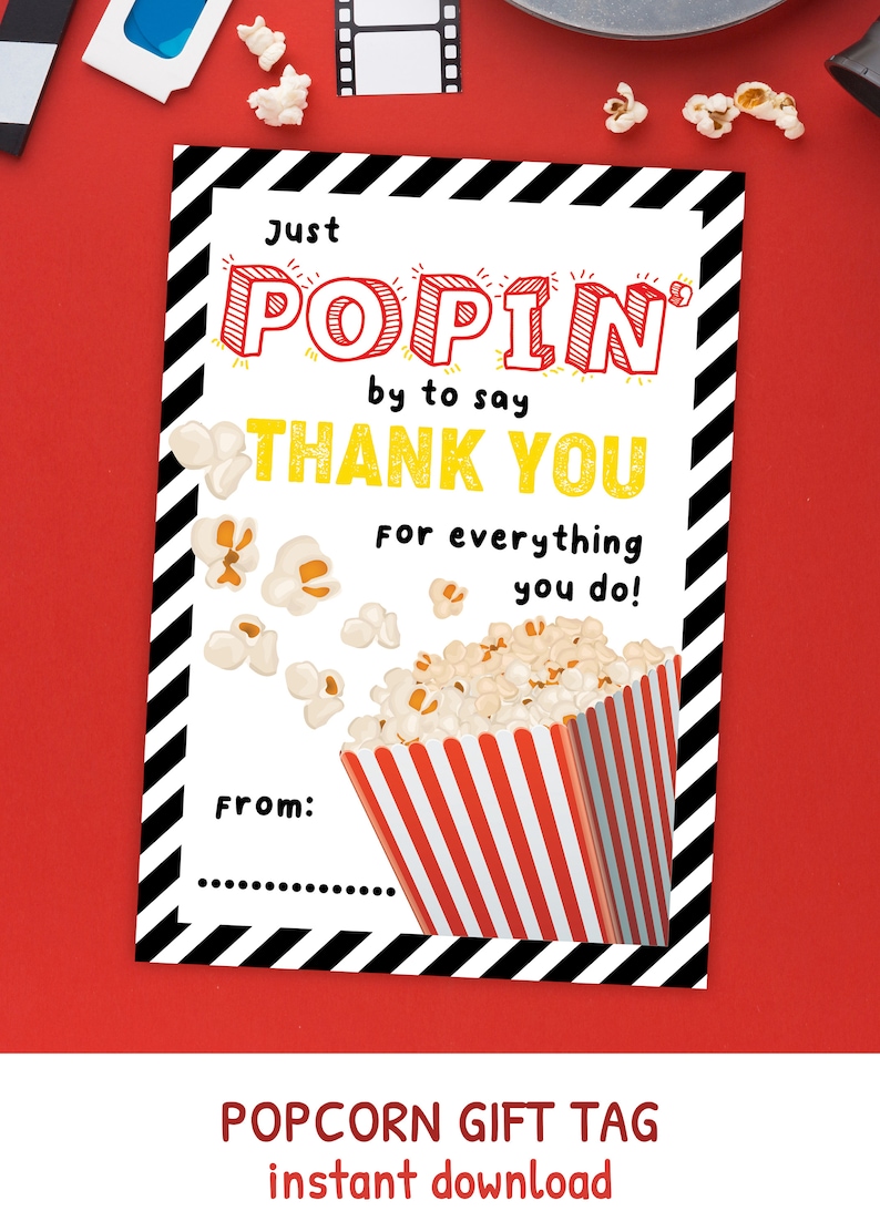 Popcorn Gift Tag Printable Just Poppin by to Say Thank You | Etsy