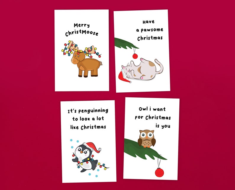 Punny Christmas Cards Pack of 4 Funny Christmas Cards Animal - Etsy